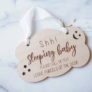 Baby Sleeping Front Door Sign | Wooden Door Hanger – SB Designs Canada